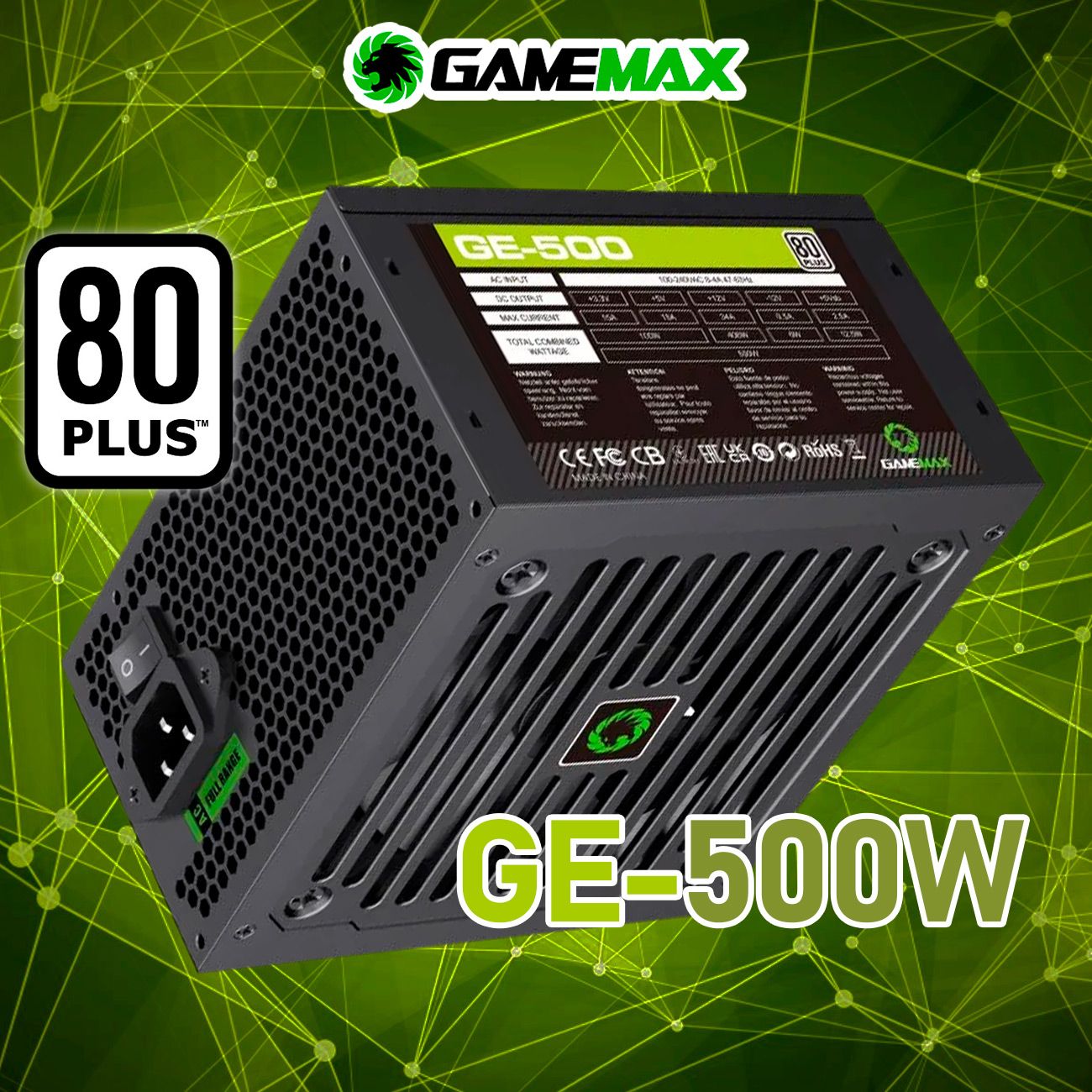 Блок питания для ПК 500W 80+ GAMEMAX GE-500 Черный 120мм 20+4pin 4+4pin(CPU) 1*6+2pin(PCI-E) 4*SATA 3*MOLEX