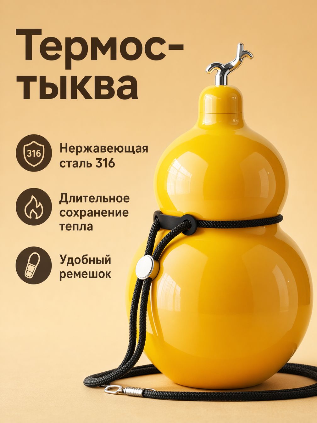 Термокружка-тыква 520 мл, цвет: Жёлтый, с плечевым ремнём, из нержавеющей стали 316