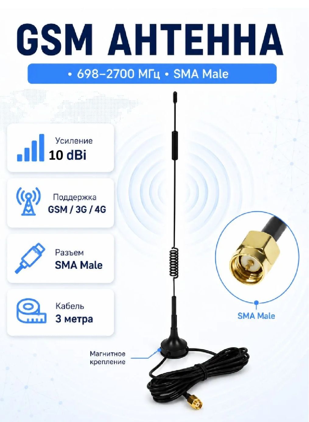 Выносная GSM-антенна , 698-2700 МГц, 10 дБи, SMA-male, каб 3 м. (Подходит для RTU5035 RTU5024, G202, G203)
