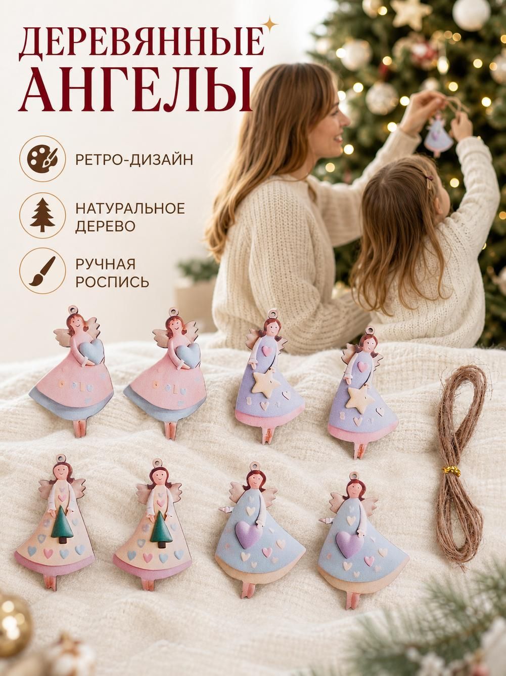 Деревянные ангелы на ёлку, 8 см, шт, подвесные, ретро, для декора