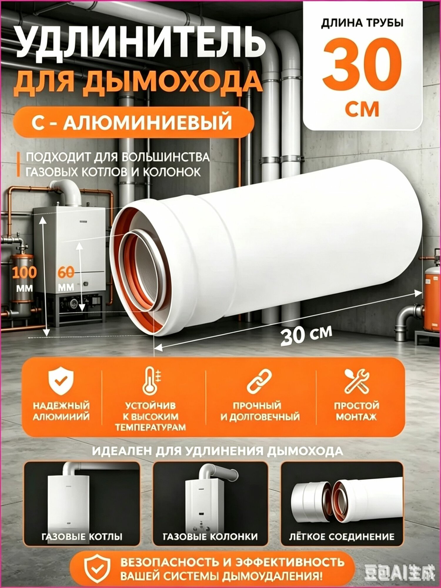 Удлинитель коаксиальный 60х100-300 мм, толщина 1.0/1.1 мм, труба дымохода для газового котла