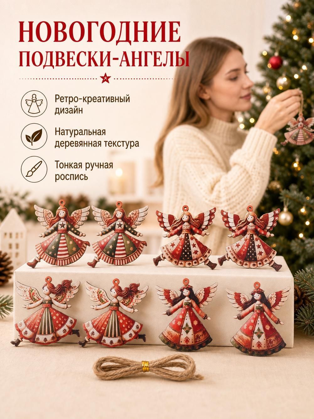 Деревянные ангелы на ёлку, 8 см, шт, подвесные, ретро, для декора