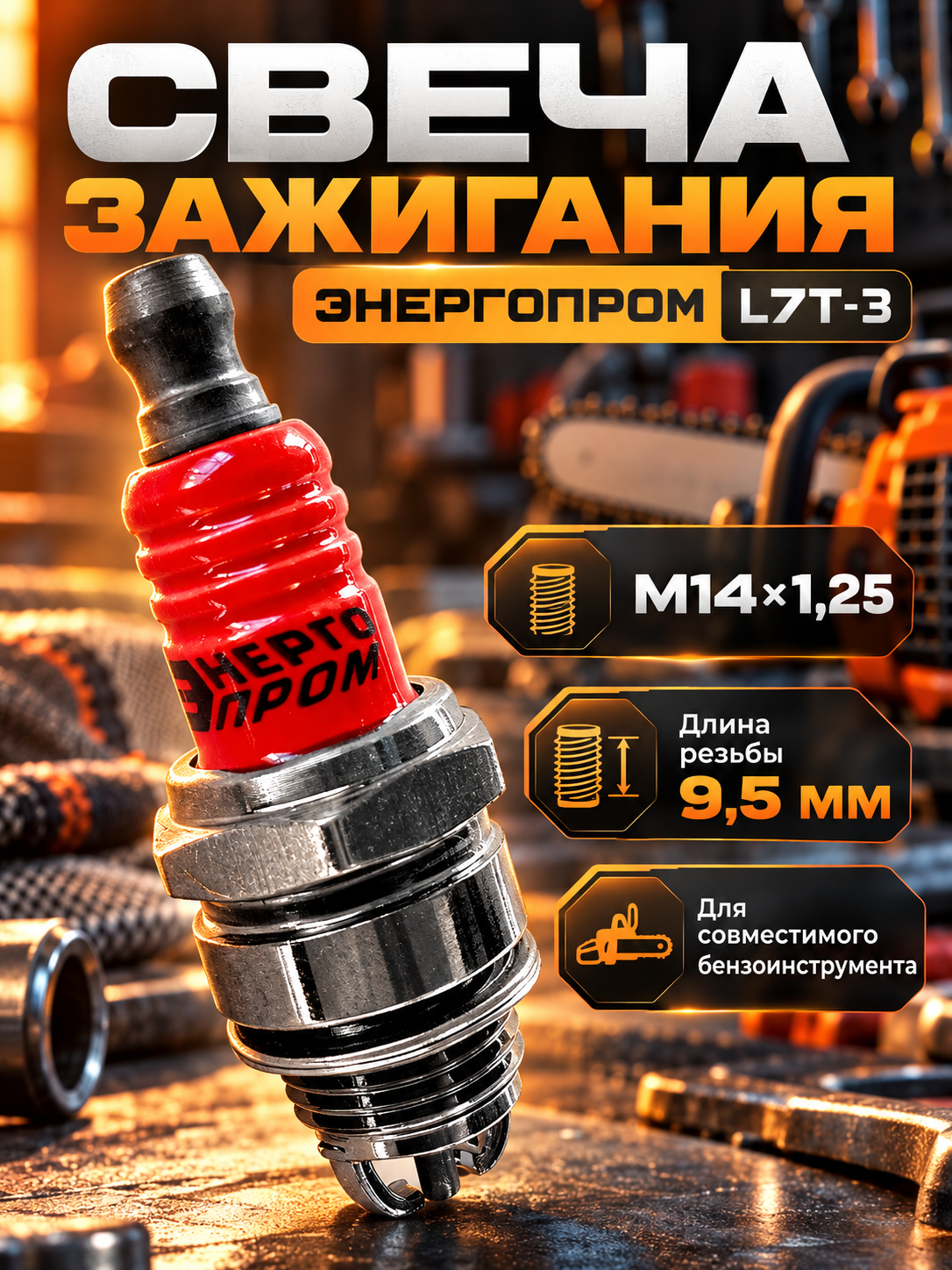Свеча зажигания Энергопром L7T-2 для бензопилы, триммера, мотокосы, 2Т, резьба М14×1,25, 9,5 мм