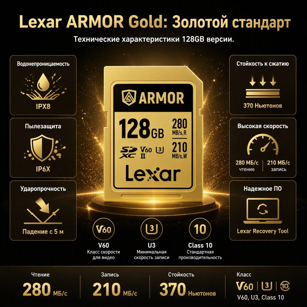 Карта памяти Lexar ARMOR GOLD SDXC UHS-II 128 ГБ C10 V60 U3 6K UFD IP68 пыль и водонепроницаемость (LSDAMGL128G-RNNNG)