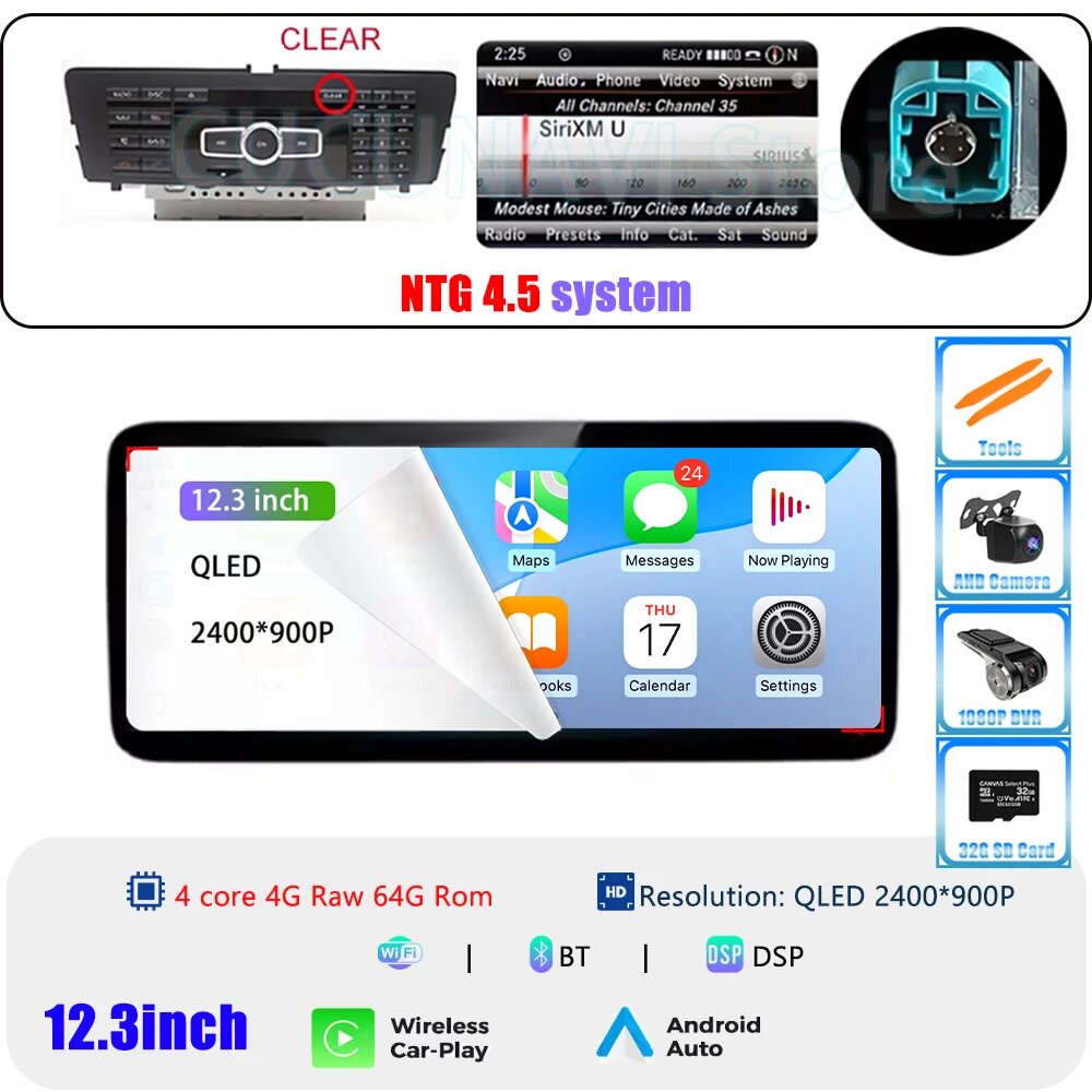 Беспроводной CarPlay для Android 16 для Mercedes Benz A-Class, CLA, GLA W176 4.5 12.3 4G 64G C D