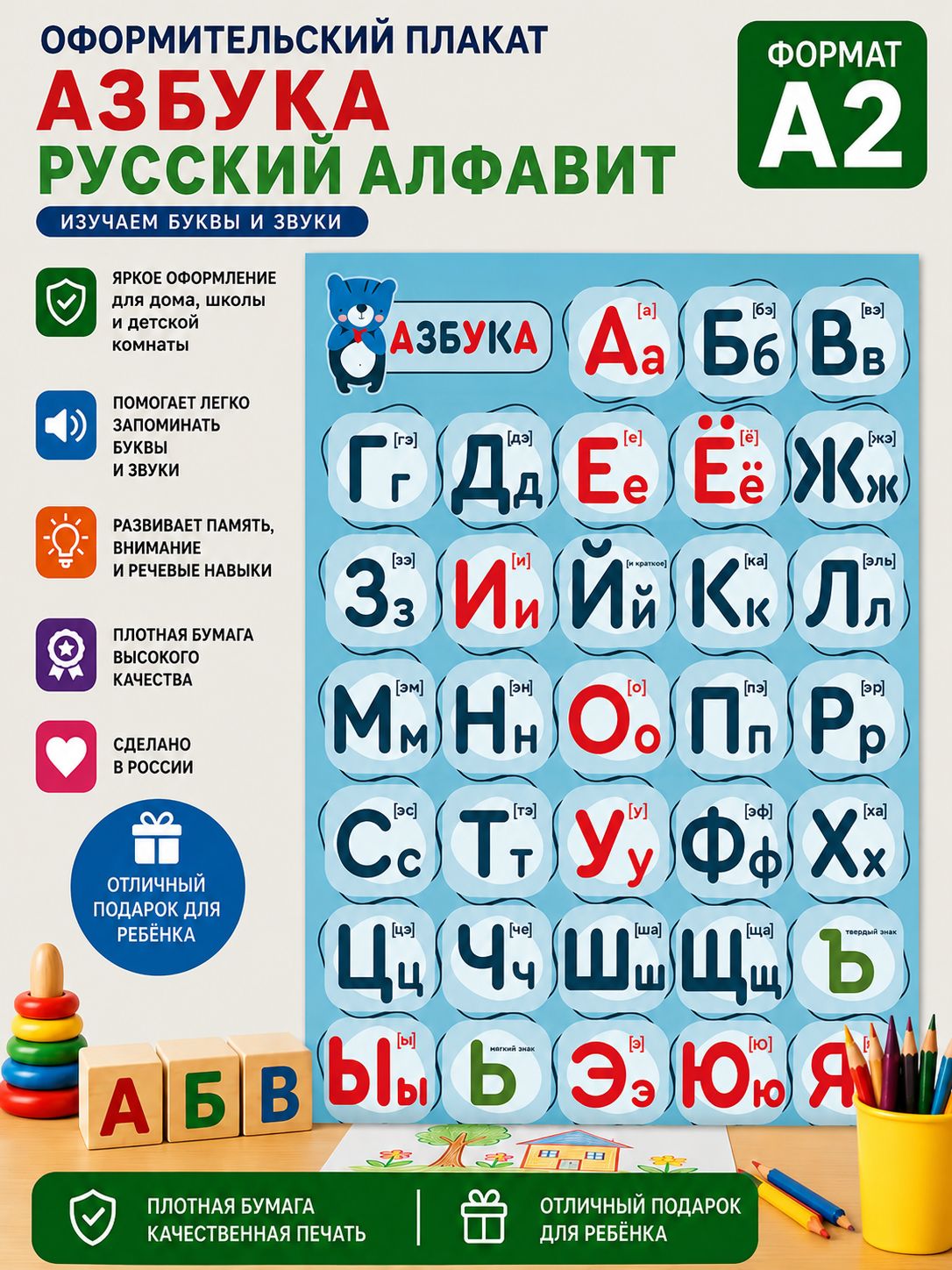 Обучающий постер-плакат для начальной школы и детского сада "Алфавит", Русский язык