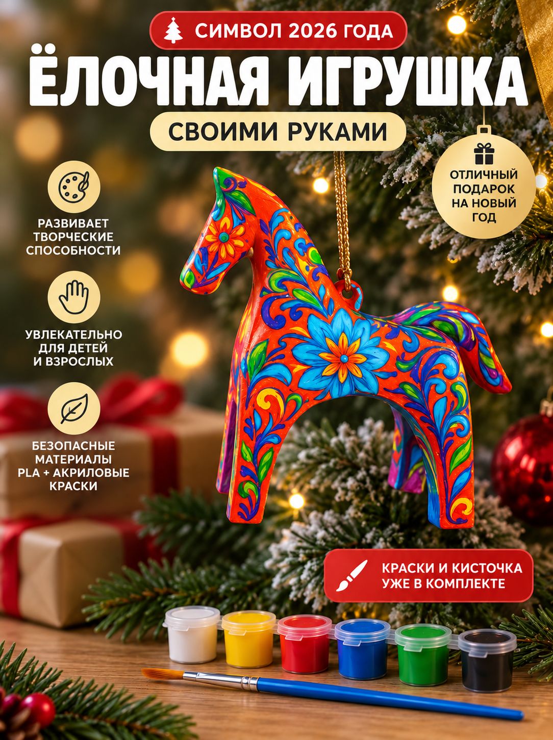 Ёлочная игрушка "Символ 2026 года" своими руками. Лошадка. Кисточки и краска в комплекте