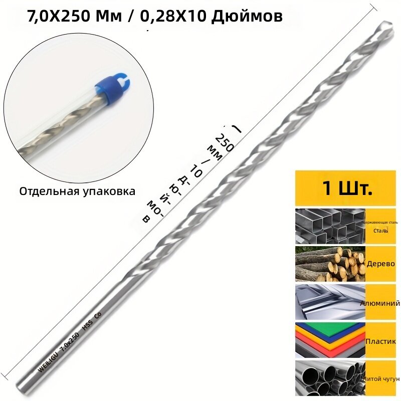 Сверло спиральное 7,0 х 10 дюймов из быстрорежущей стали, 1 шт.