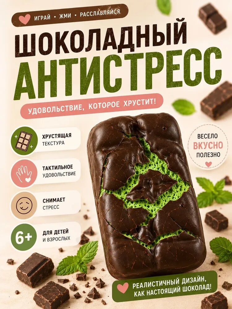 Шоколадный сквиш антистресс с хрустящей корочкой, дубайский шоколад игрушка для снятия стресса для детей и взрослых, комплектуется пласти