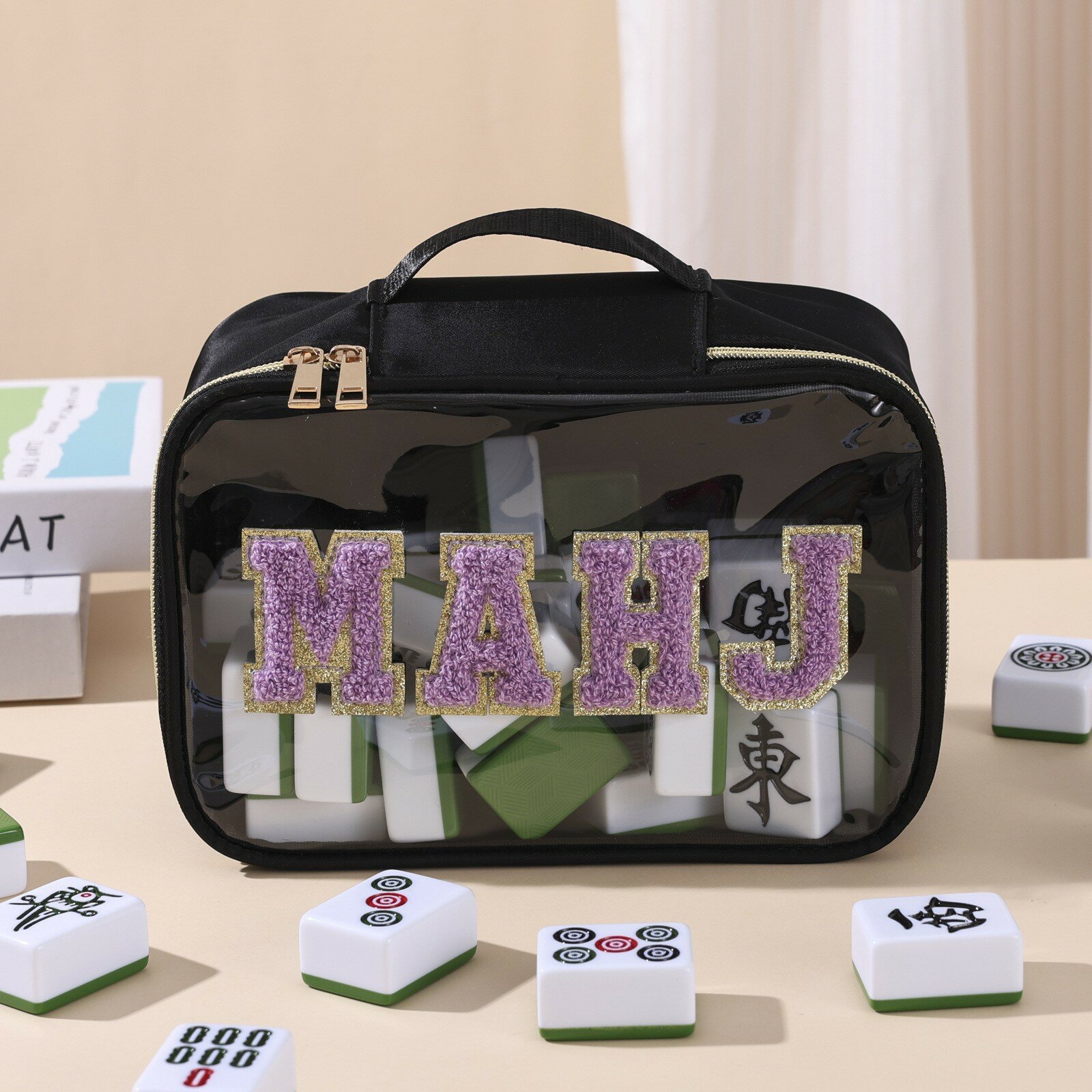 Embroidered Mahjong Tile Organizer Bag with Handle, Portable Toiletry Makeup Pouch, Large Capacity Travel Cosmetic Case