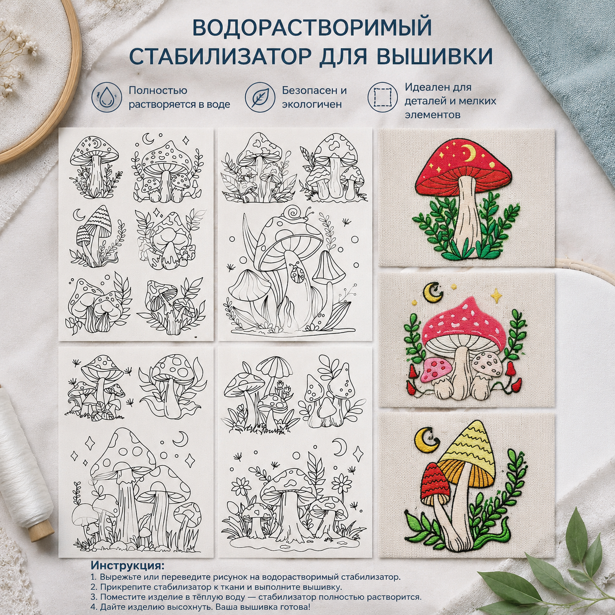 4 листа 11,6 x 8,2 дюйма, узоры для вышивки Stick and Stitch , нетканые материалы, водорастворимые стабилизаторы для вышивки, гриб, 297 x 210 мм