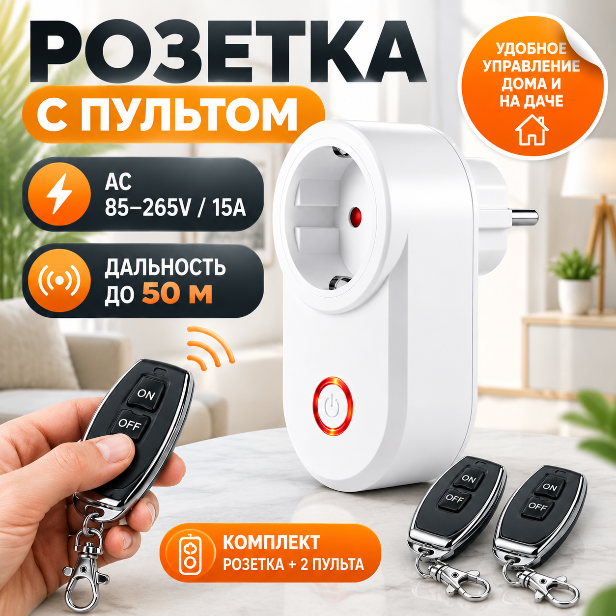 Умная розетка с пультом ДУ 2 шт, 15A 3000Вт, беспроводной выключатель, для дома и офиса, 50 м, белая