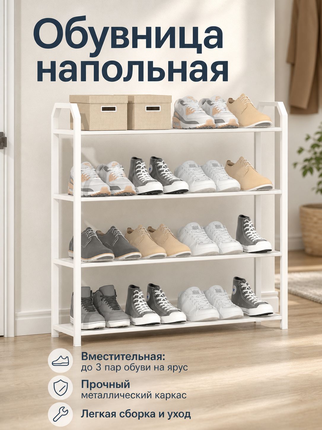 Этажерка для обуви напольная, 4 яруса, ширина 65 см, белый цвет, металлическая с пластиковыми креплениями