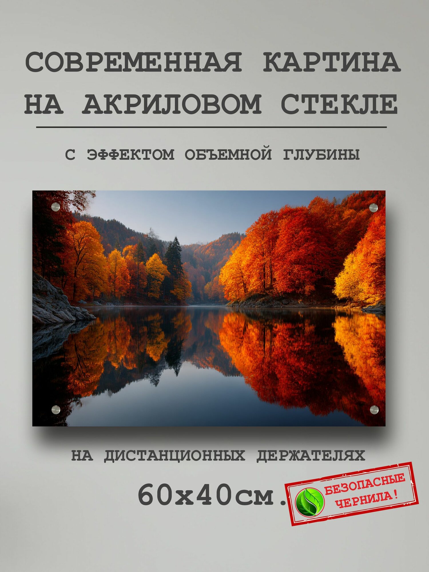 Современная картина на акриловом стекле 60x40 см Лесное озеро. Крепления на дистанционных держателях.
