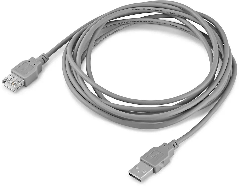 Кабель USB2.0 Buro USB A(m) - USB A(f), 3м, блистер, серый