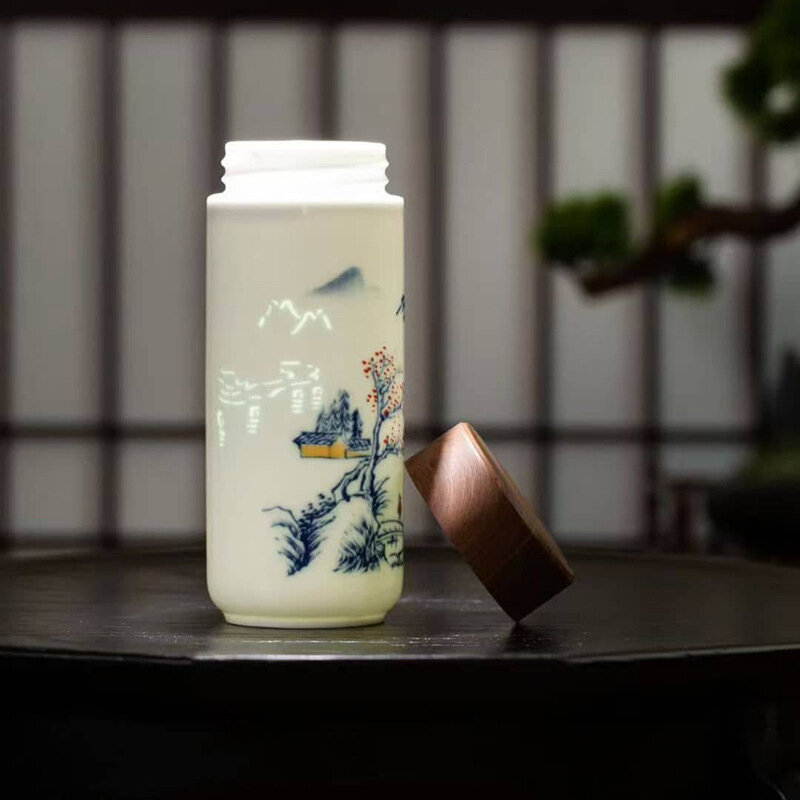 Элегантная термоскружка из Jingdezhen фарфора с цветочным узором и керамической внутренней вставкой с крышкой для