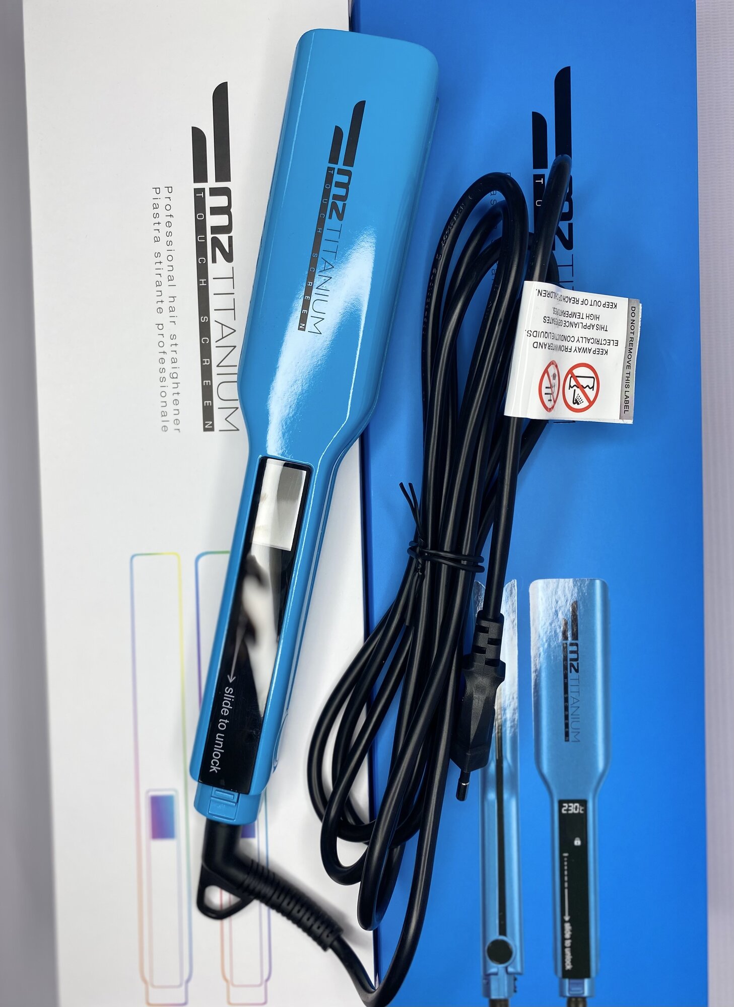 Утюжок MZ Titanium Голубой, широкие пластины, титан, 230С