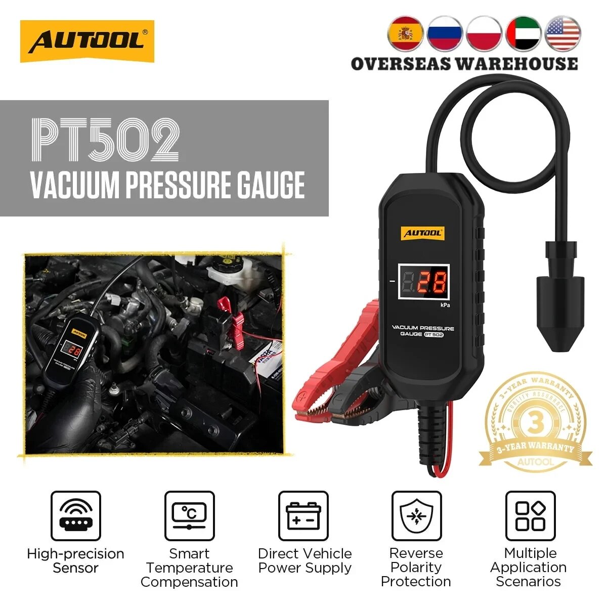 Цифровой вакуумметр AUTOOL PT502 с быстрым питанием, диапазон измерения от -101 кПа до 0 кПа, диагностический инструмент для мониторинга давления вакуума