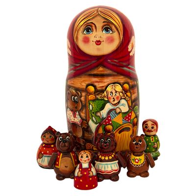 Деревянная матрешка авторская с игрушками сказка "Три медведя" 17 см 6 персонажей