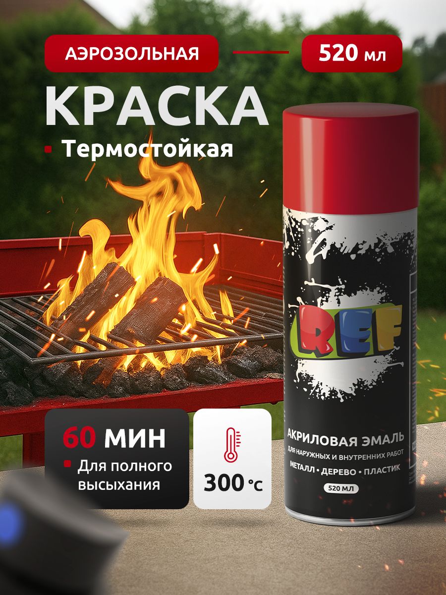 Краска в баллончике 300С красная глянцевая 520 мл термостойкая / REF / аэрозольная краска по металлу жаростойкая для мангала, печей, авто, быстросохнущая