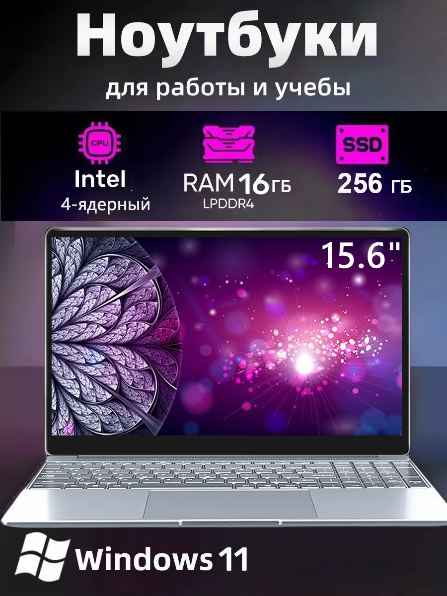 15.6" Ноутбук для работы и учебы, J4125, RAM 16 ГБ, SSD 256ГБ, IPS Full HD 1920x1080, Intel J4125, Windows 10 . Серебряный