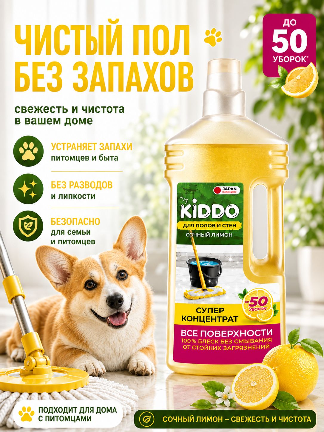 Средство, моющее, для мытья пола и стен KIDDO Лимон, 1 л