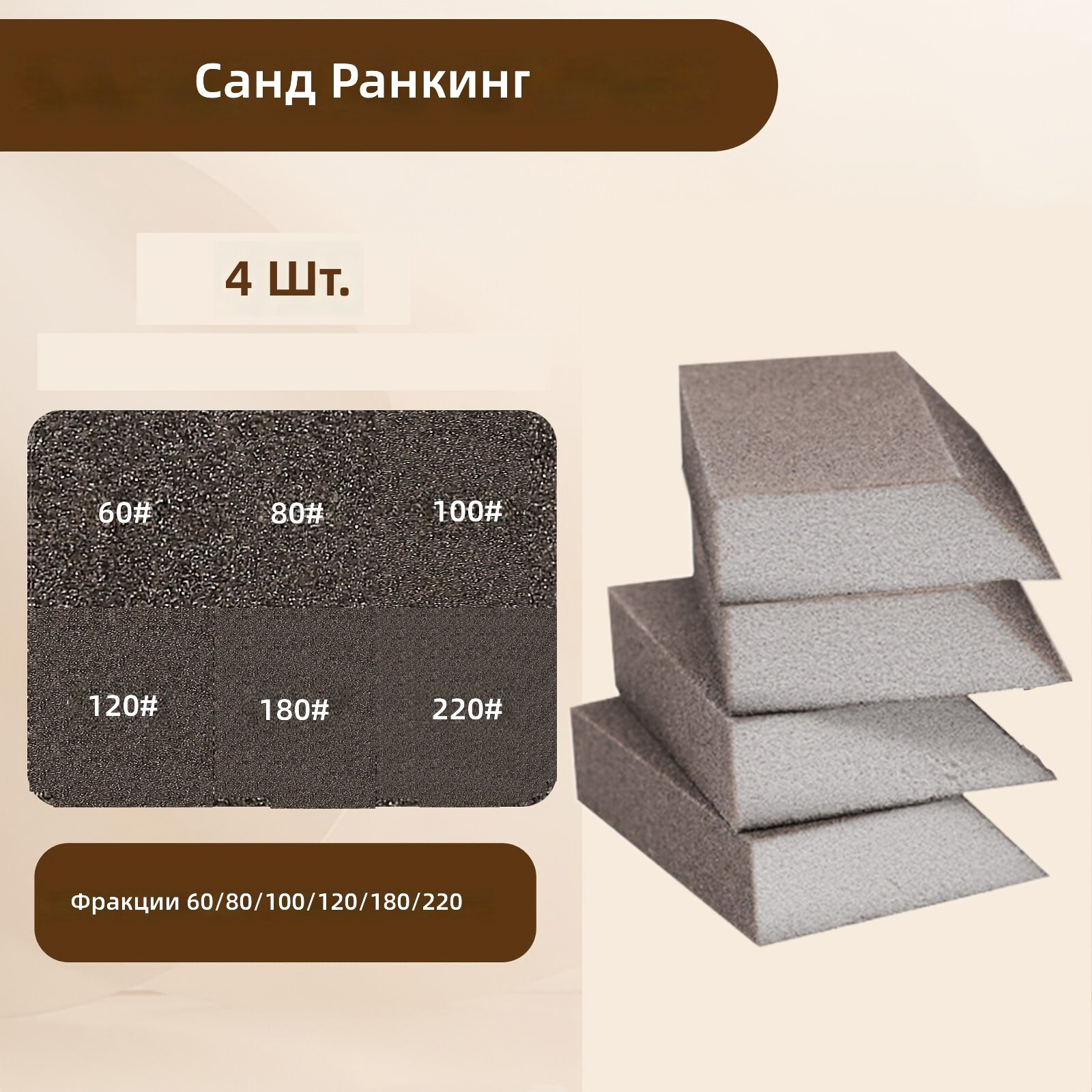 Шлифовальные губки со скошенными краями, зернистость P220, 4 шт. для влажной и сухой шлифовки плитки, дерева, металла и затирки швов