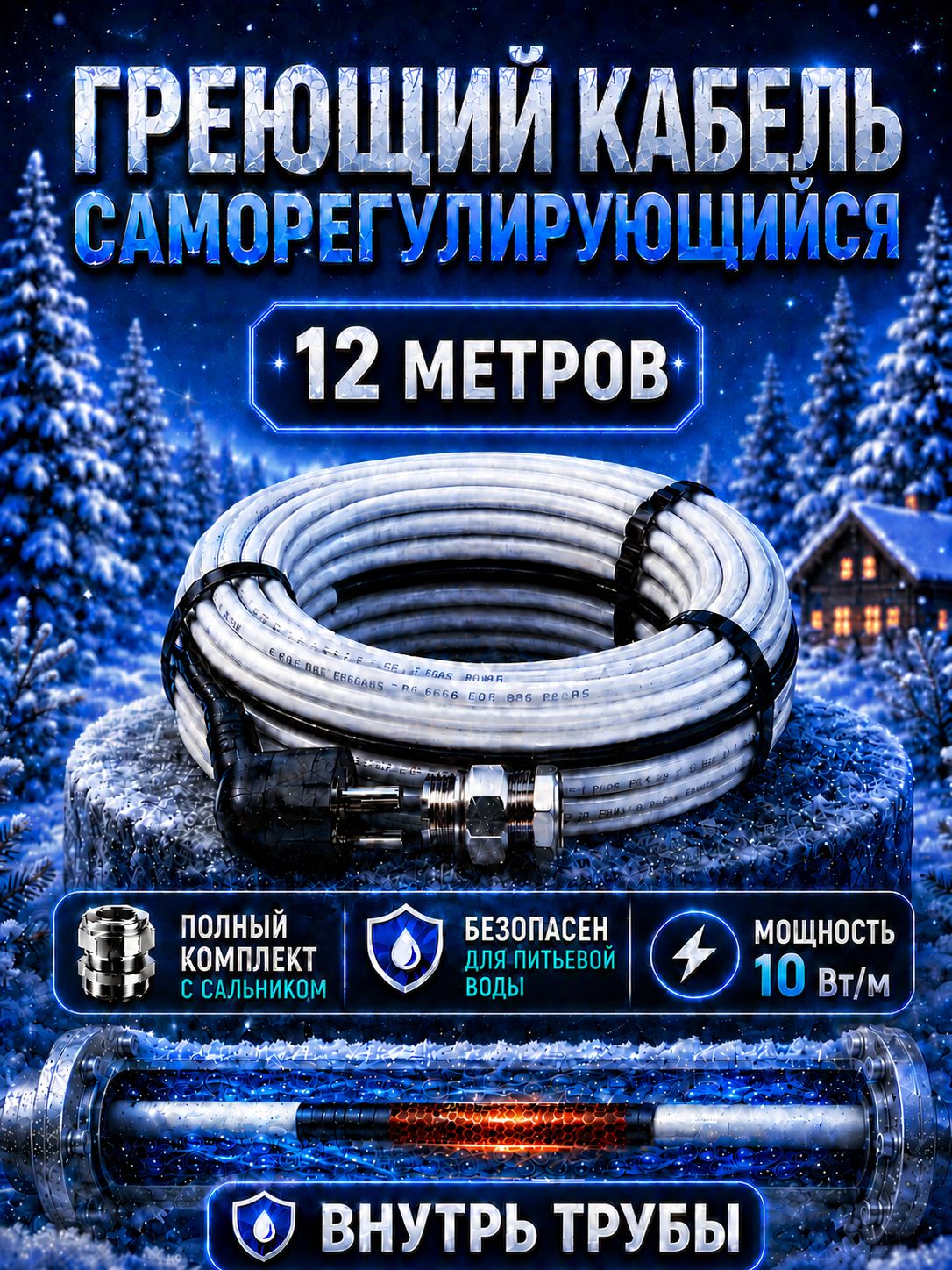 Греющий кабель в трубу водопровода саморегулирующийся 12м - 10 Вт/м комплект