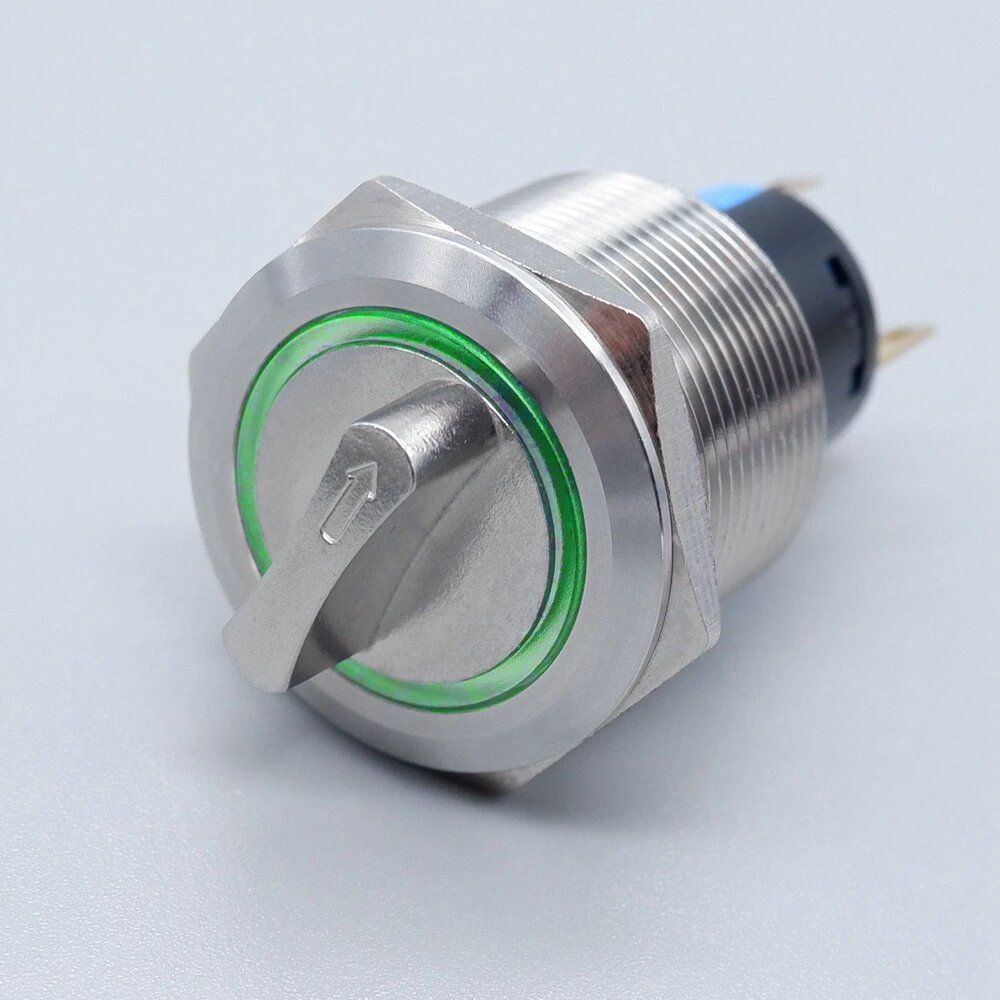 Поворотный выключатель 22 мм, Latching, зеленое кольцо, 12-24v