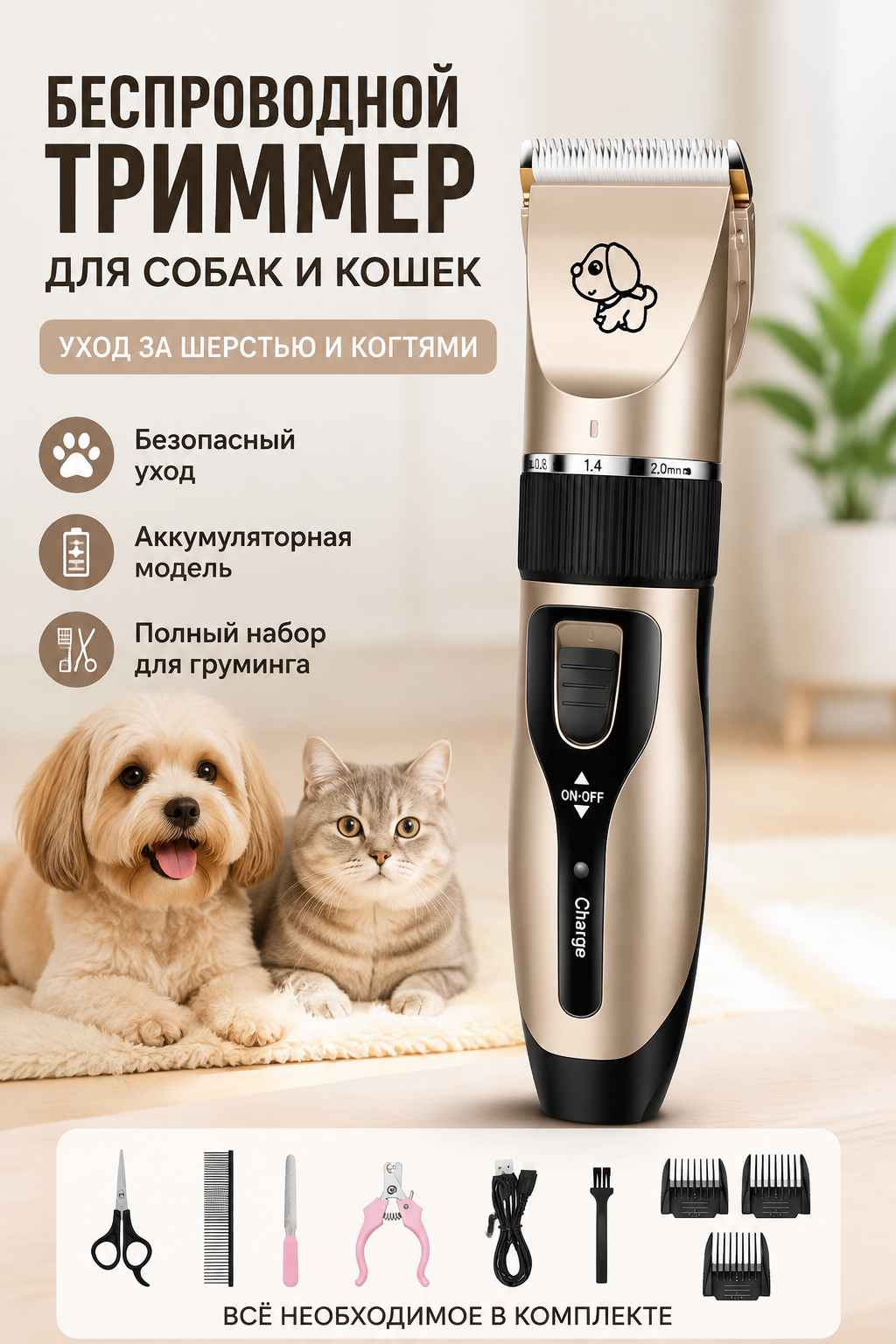 Беспроводной триммер для стрижки собак и кошек, аккумуляторная машинка для ухода за шерстью и когтями
