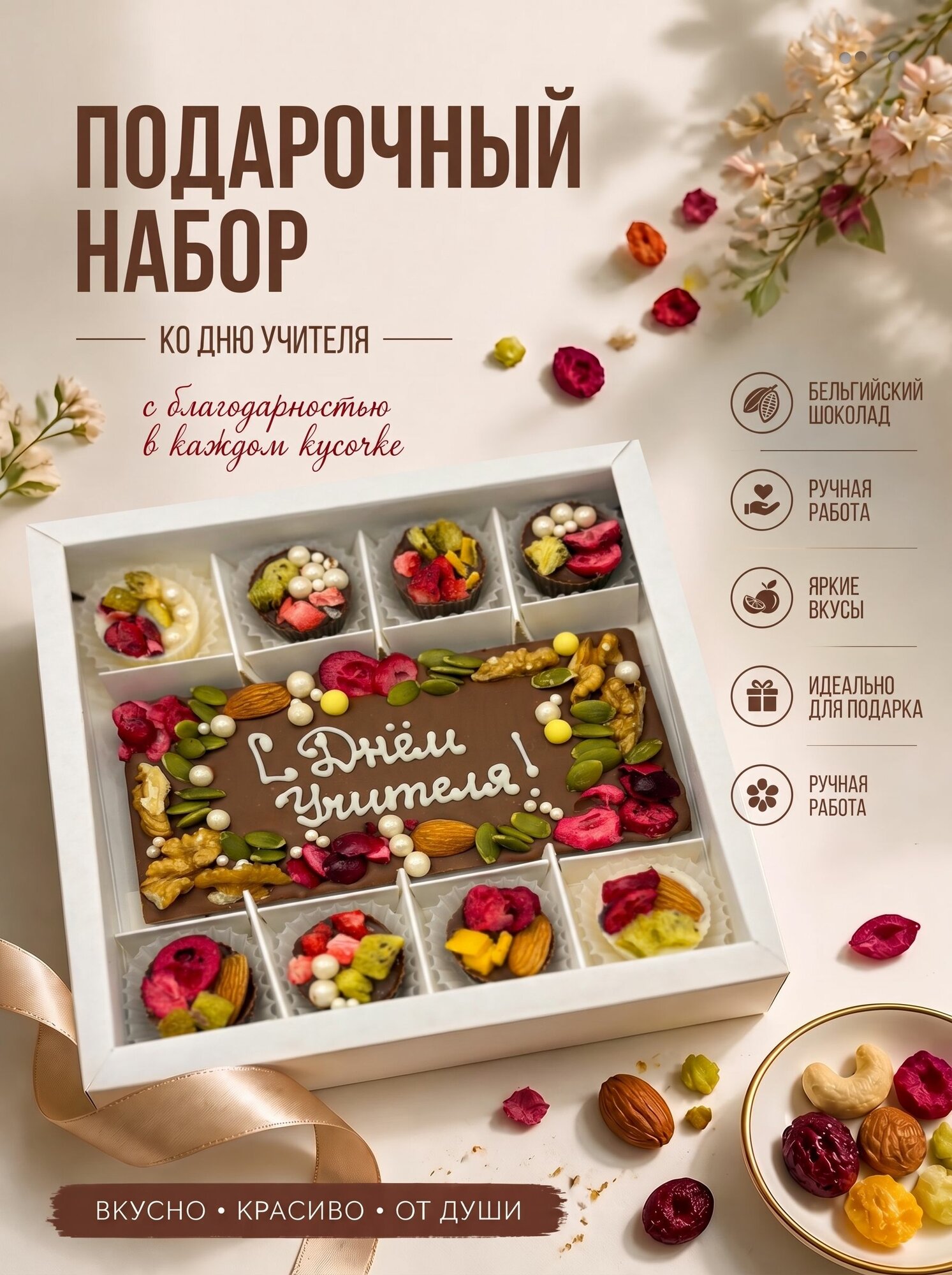 Шоколад ручной работы, набор конфет, подарок на 1 сентября "С Днем Учителя"
