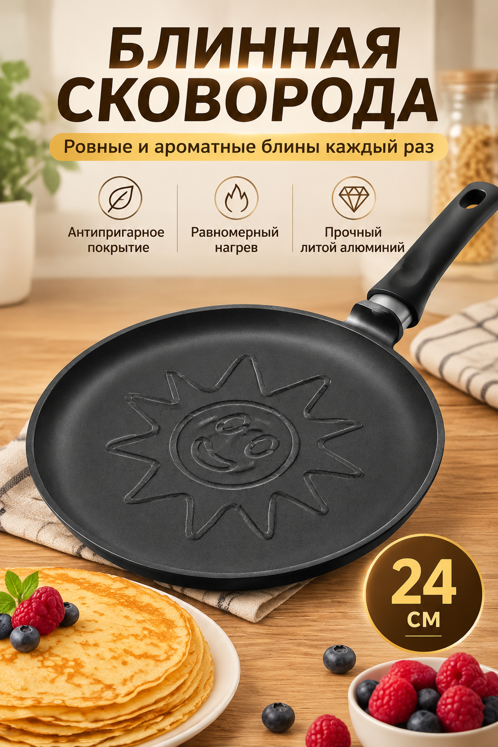 Блинная сковорода 24 см с ручкой, литой алюминий, антипригарное покрытие