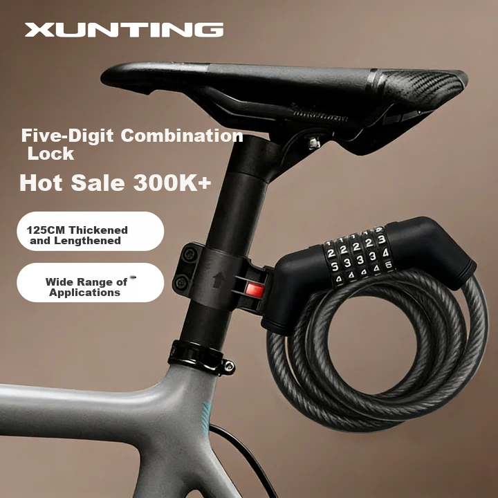 Xunting 5-значный комбинационный стальной кабельный замок 125 см устойчивый к разрезанию велосипедный и мотоциклетный