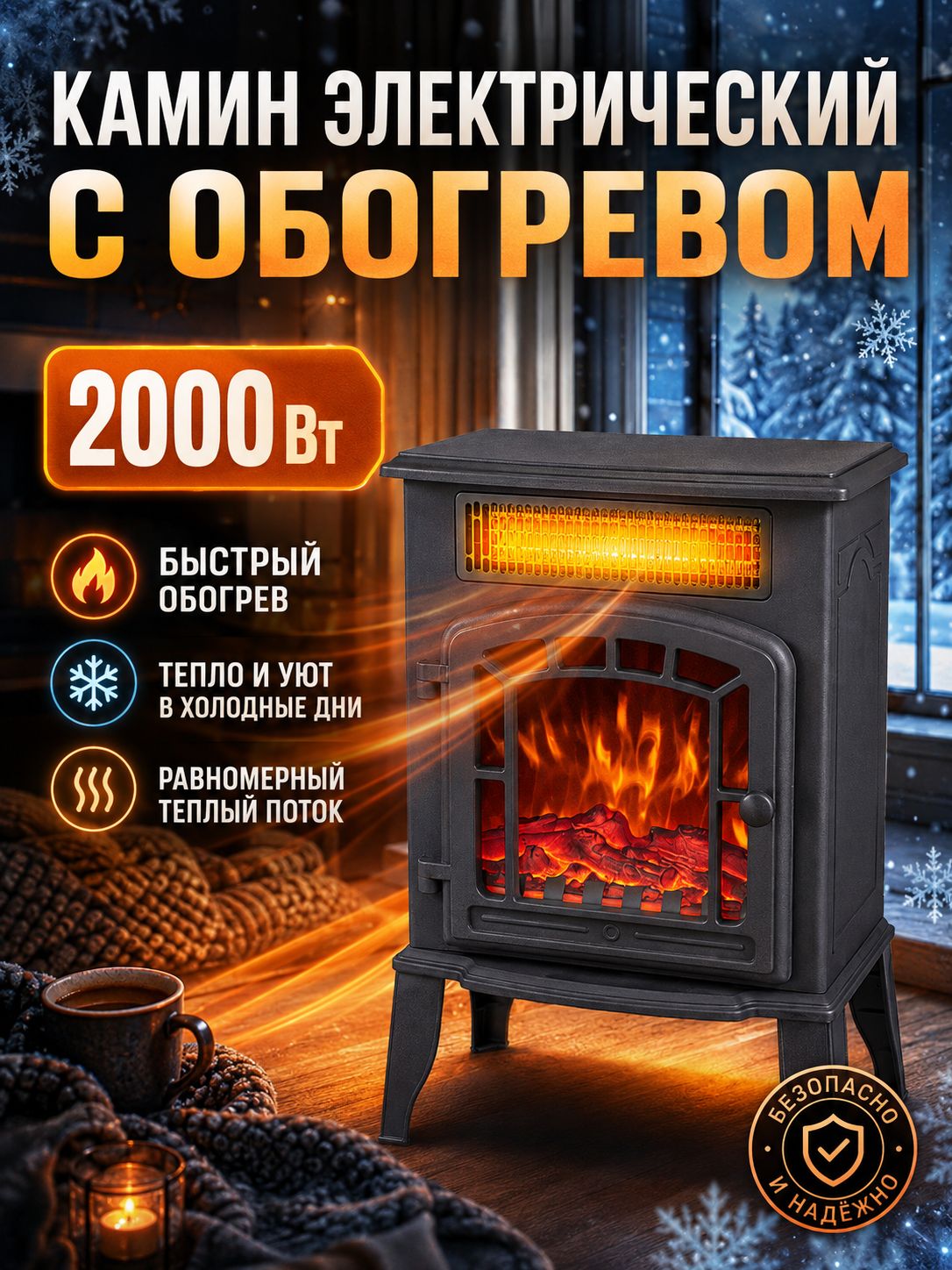 Камин электрический с обогревом 2000 Вт, обогреватель камин , PTC нагревом.