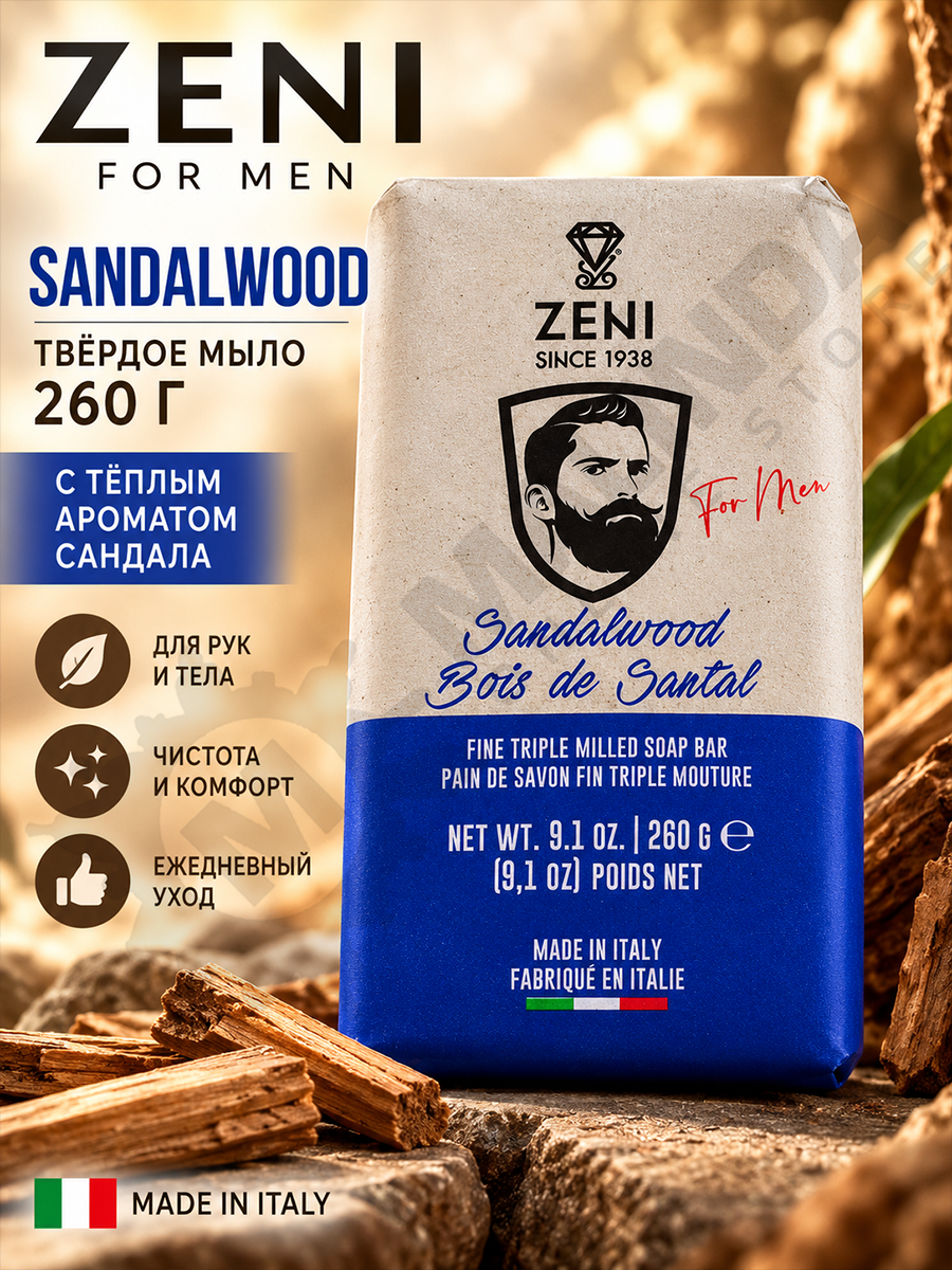 ZENI Sandalwood твердое итальянское мыло с ароматом сандала 260 г