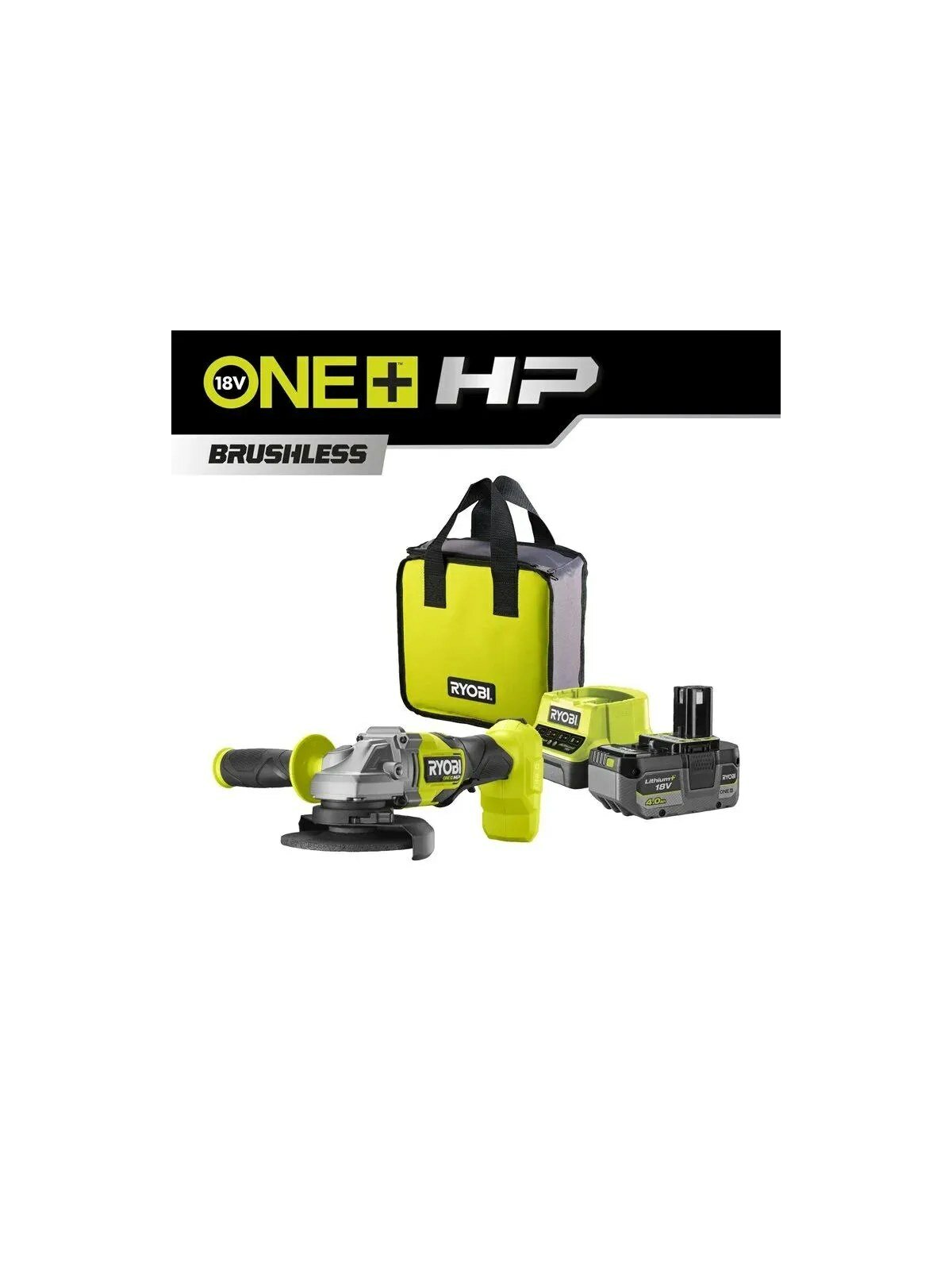 Болгарка Аккумуляторная Ryobi RAG18X-1C40S ONE+, 18 В, 125 мм, 9200 об/мин, M14, без аккумулятора и зарядного устройства, арт. 5133005614