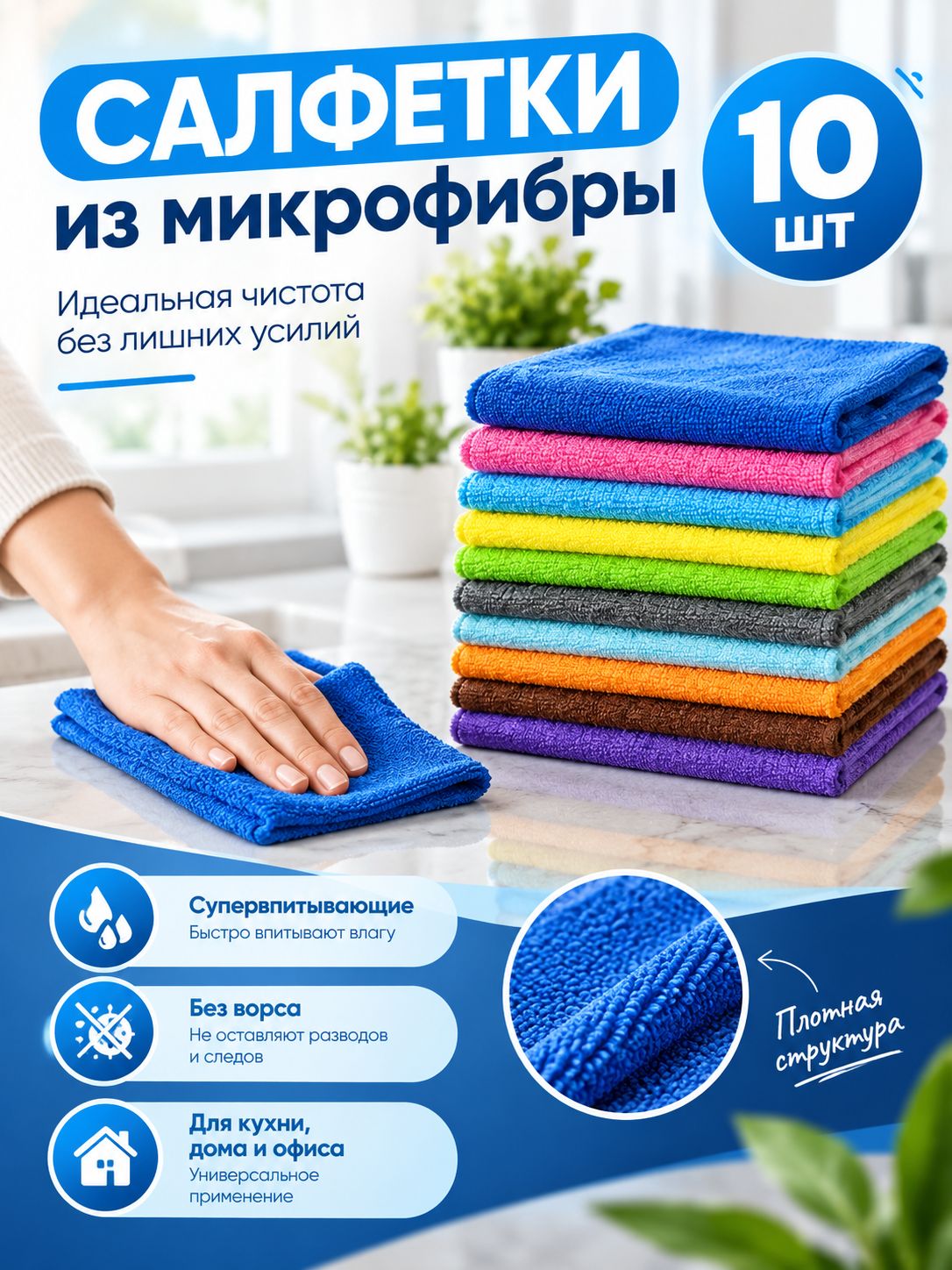 Тряпки для кухни из микрофибры набор 10 штук, универсальные салфетки для уборки, супер впитывающие