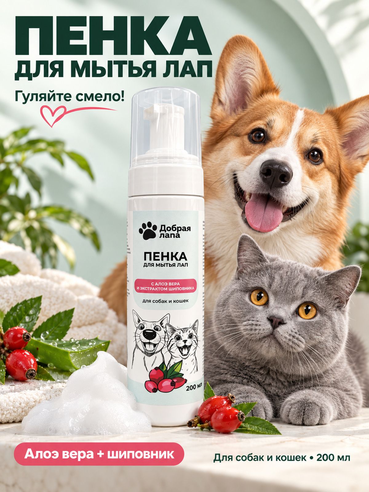Пенка для лап собак с хлоргексидином и алоэ, 200 мл