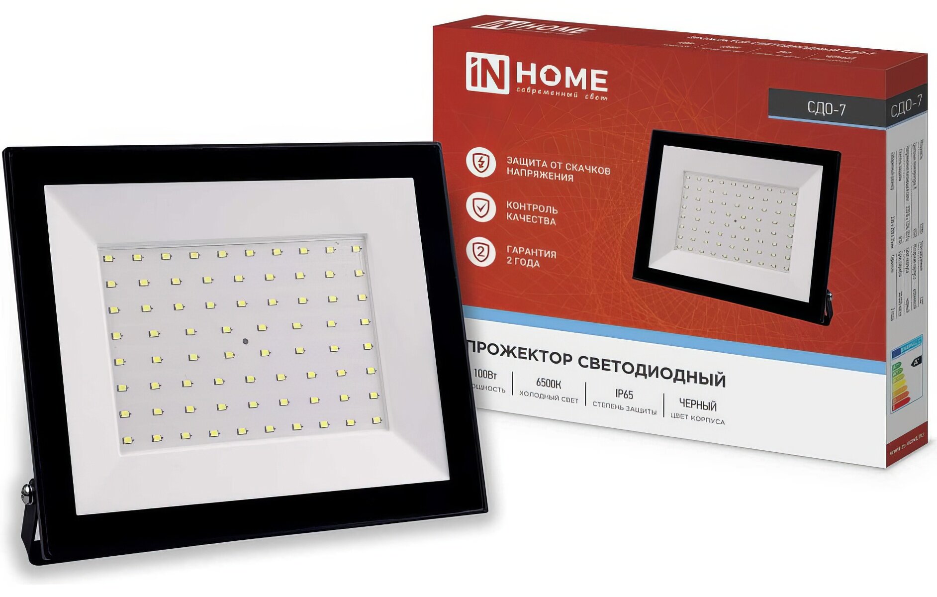 Светодиодный прожектор IN HOME СДО-7 100Вт 230В 6500К IP65 черный 4690612034652