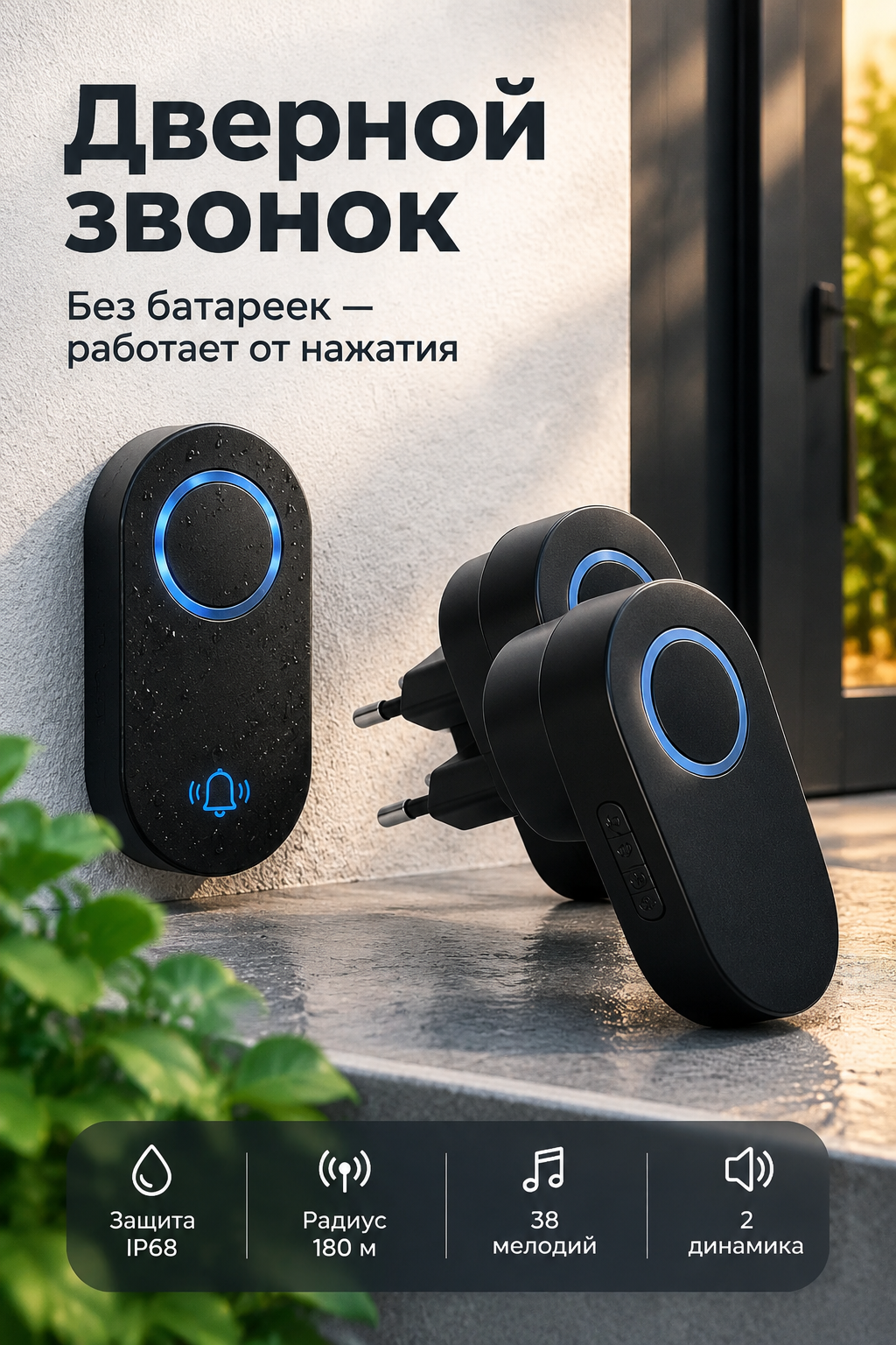 Комплект дверного звонка с кинетической кнопкой и двумя приемниками, IP68