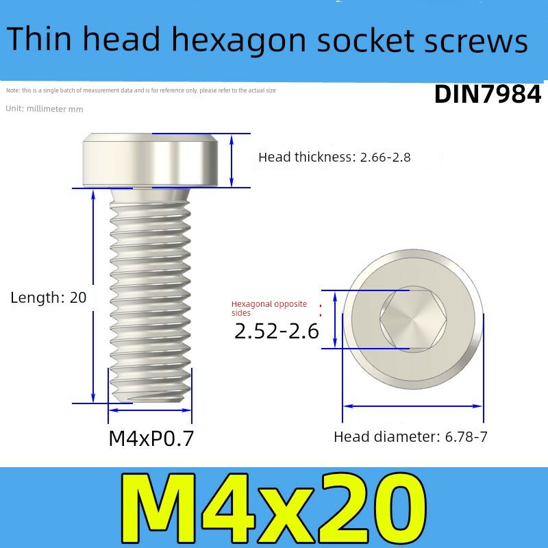 Никелевое покрытие M4x20мм 50 шт. Высокопрочные винты DIN7984 с шестигранной головкой, класс 12.9, сплавная сталь