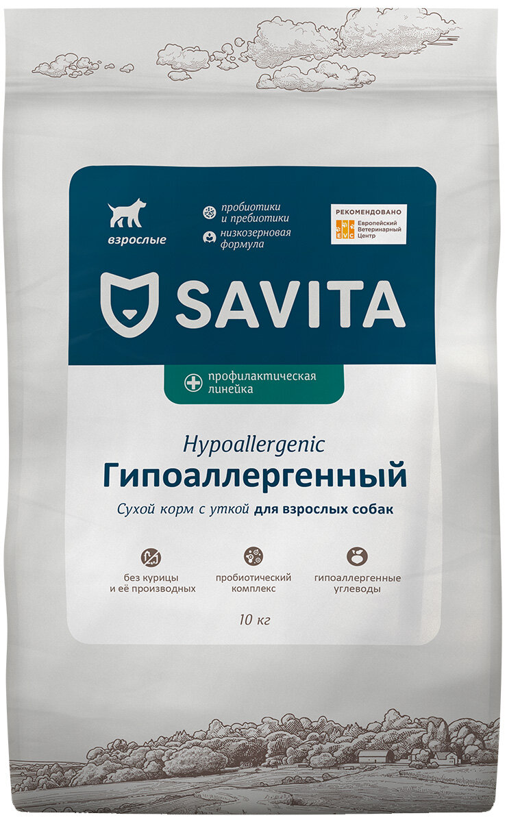 Корм сухой Savita Preventive Line Hypoallergenic гипоаллергенный для взрослых собак, утка, 10 кг