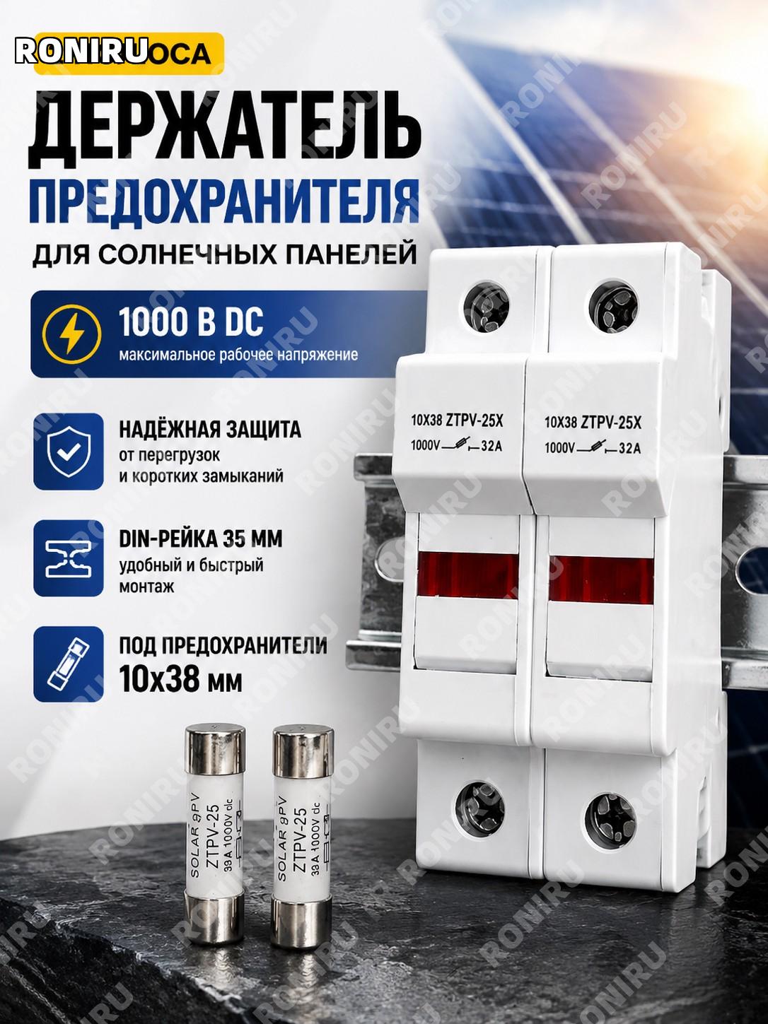 Держатель предохранителя 2P для солнечных панелей 1000 В постоянного тока под 10х38 мм DIN-рейка 35 мм защита цепей