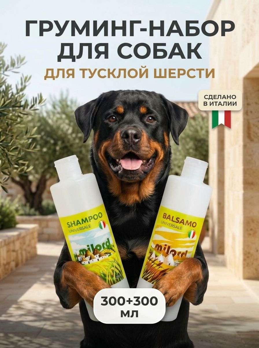 Выгодный набор шампунь для собак и бальзам с экстрактом Пшеницы эффективно восстанавливают поврежденную шерсть, органический и гипоаллергенный продукт, MILORD, Италия, концентрат 1:10, 300+300 мл