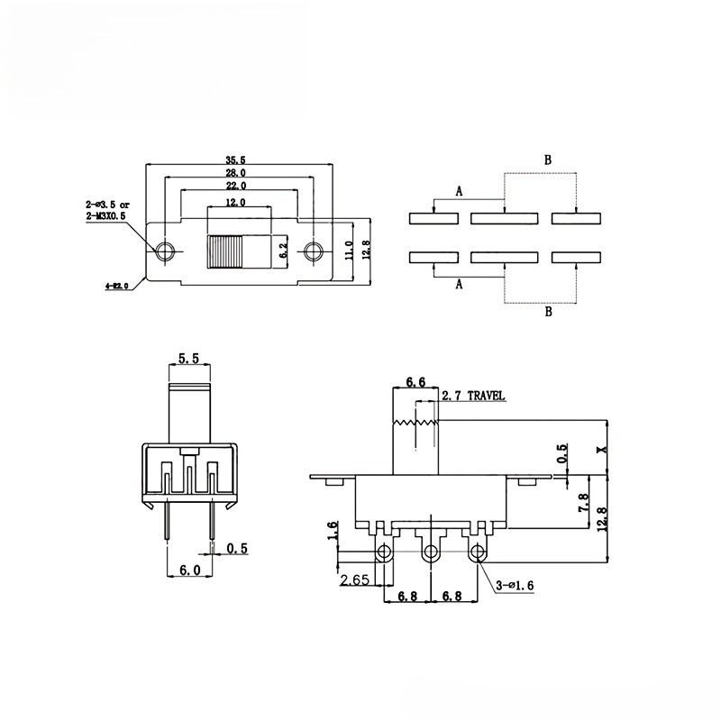 2 шт. Слайд-переключатель 2Позиция 6 Pin с сильноточным 3A 250V PCB Panel Mount Вертикальный Слайд-переключатель Переключатель ON-OFF 2P3T