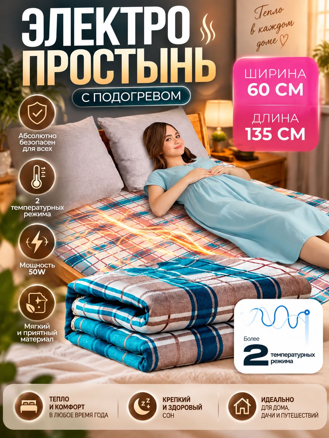 Электрическая простынь с подогревом 50Вт, 60 x 135 см