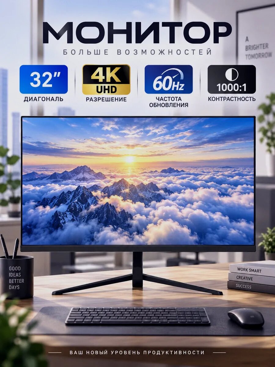Монитор CrystalStorm, диагональ 32", 3840 x 2160 пикселей, 60Гц, матовый, чёрный