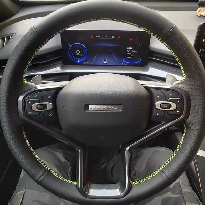 Сиденье рулевого колеса для Haval H6 2022-2024, черная натуральная кожа с перфорацией и зеленой строчкой, дизайн