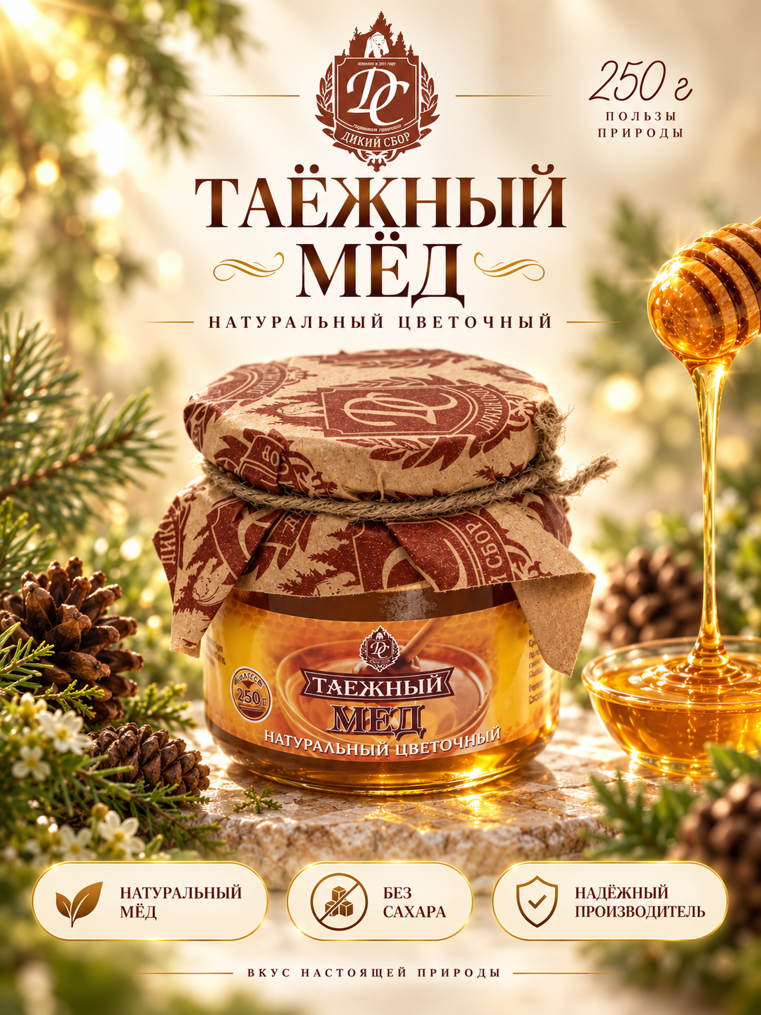 Мед натуральный сибирский Таежный 250 гр Мед ручного сбора