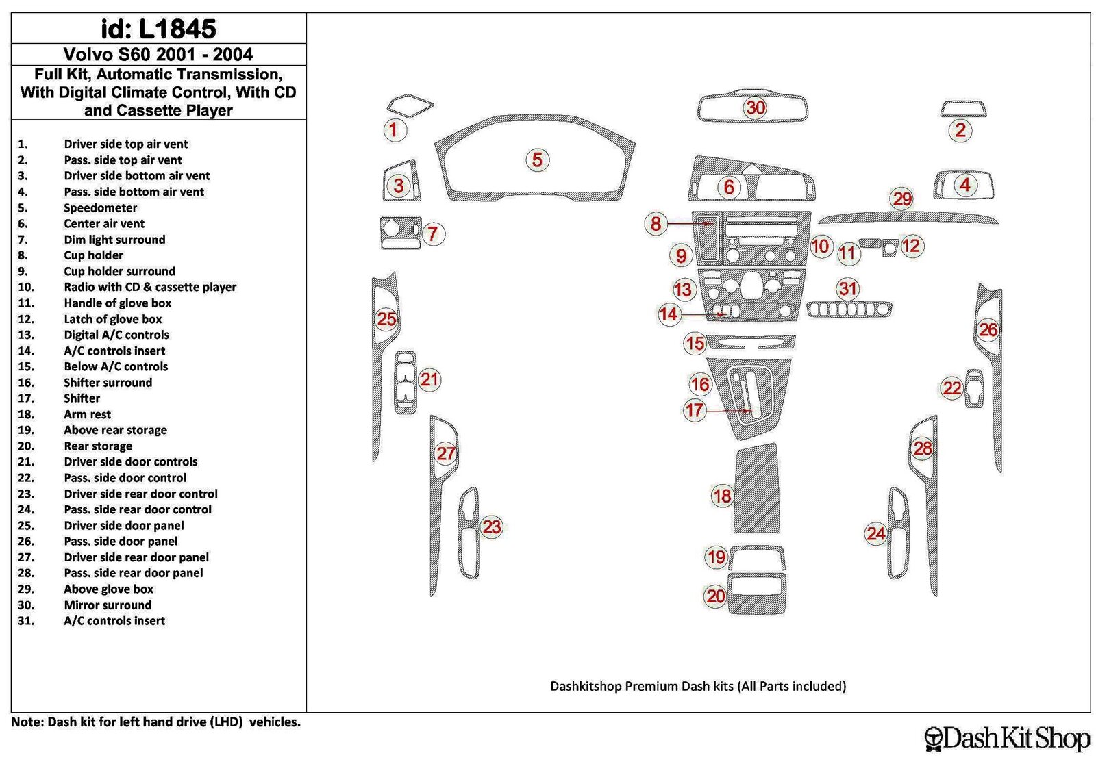 Декоративные накладки салона для Volvo S60 2001-2004. Комплект L1845.